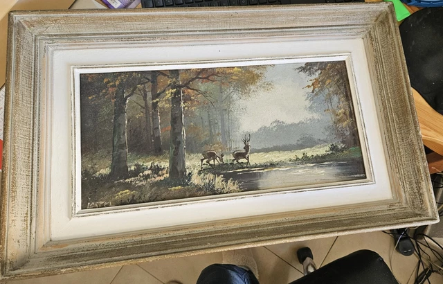 LASTEL FORÊT BICHE et cerf au bord de l'eau - Peinture huile sur toile ...