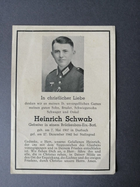 WW2 GERMAN DEATH Card Stalingrad Bridge Building Battalion Engineer ...