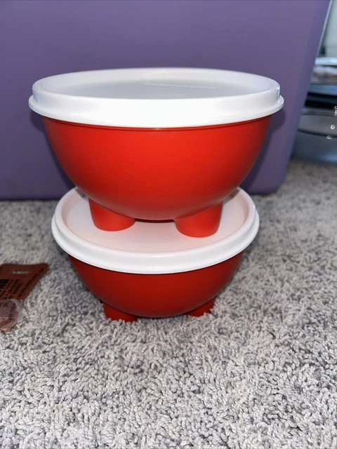 NEW TUPPERWARE RED Footed Salsa BOWLS w/White Seals Set Of 2 £17.95 ...