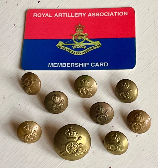 9 BRITISH ARMY Royal Artillery Brass Buttons + RA Assoc. Membership ...