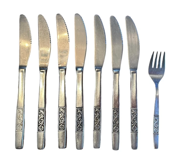 VINTAGE AMEFA ROYAL DAMASK Dinner Knives Set of 7 & 1 Fork Stainless ...