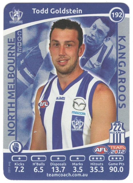 2012 AFL TEAMCOACH [SILVER PARALLEL CARD] 192 Todd GOLDSTEIN (NORTH ...