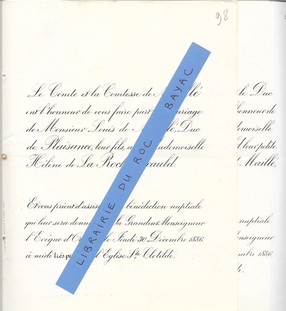 FAIRE PART MARIAGE + Louis de LAAGE de MEUX / Geneviève de BRIX + 1899 ...