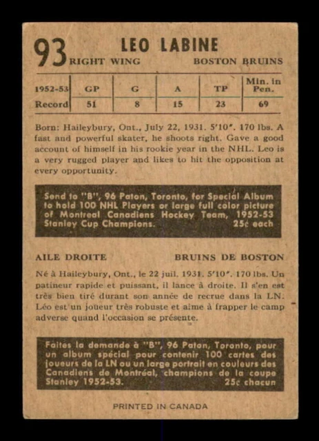 1953-54 PARKHURST #93 Leo Labine in perfette condizioni/vgex Bruins ...