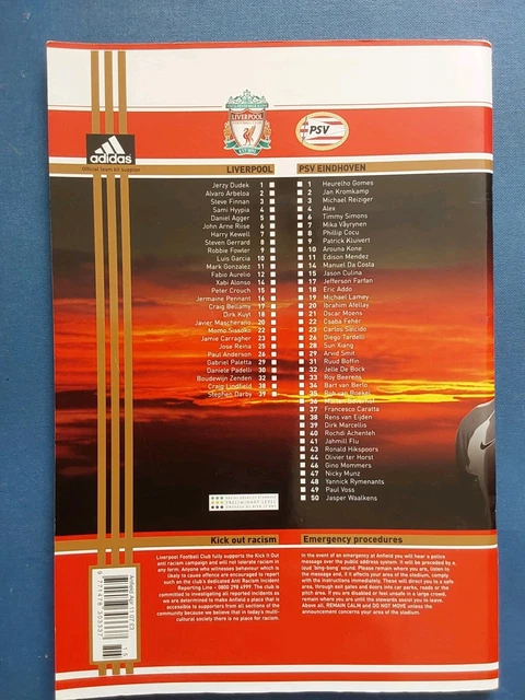 CHAMPIONS LEAGUE QUARTER Final Liverpool v PSV Eindhoven 11th April ...