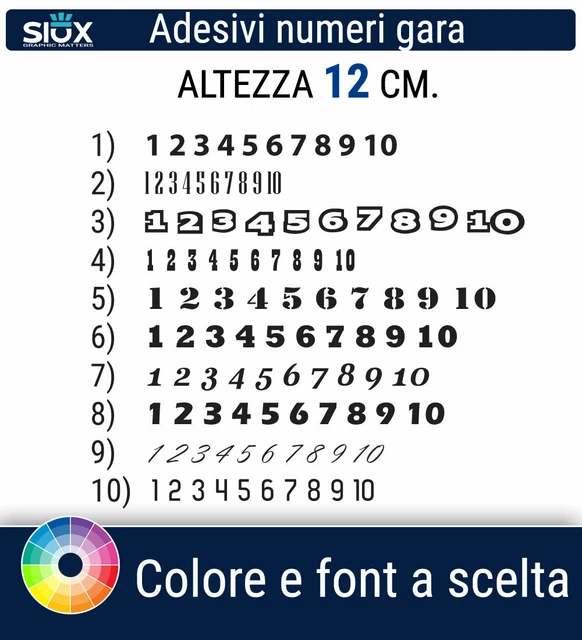 ADESIVI NUMERI GARA Con Font E Colore A Scelta, Altezza 12 Cm. Auto ...