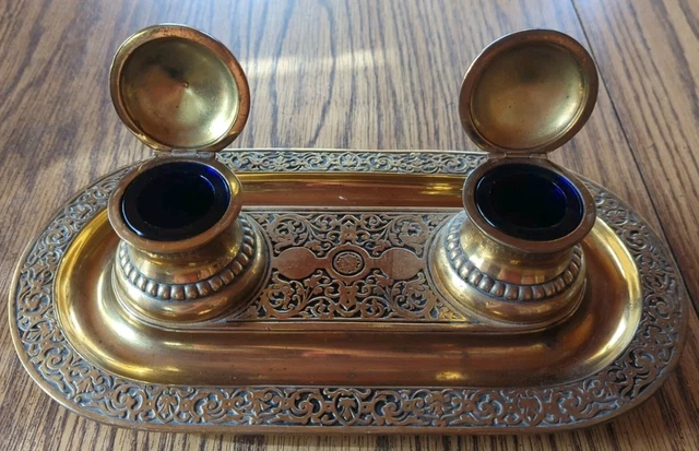JENNINGS BROS ANTIQUE Brass Double Inkwell Colbolt Blue Glass Desk ...