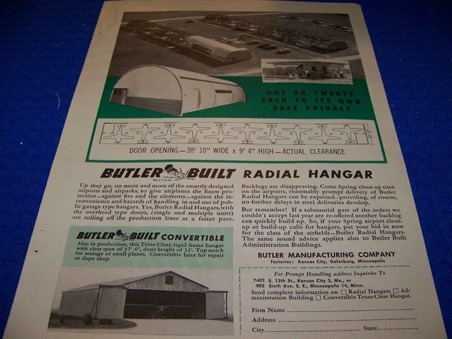 1947 BUTLER RADIAL Aircraft Hangars "Butler-Built"..1-Page Sales Ad ...
