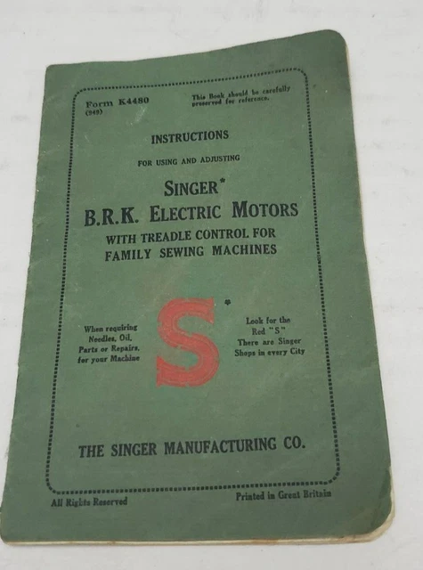 VINTAGE SINGER B.R.K. Electric Motors Sewing Machine Manual Form K4480 ...