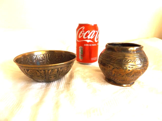 ANTIQUE PAIR ISLAMIC Repousse Hand Engraved Brass Egyptian Cairo Ware ...