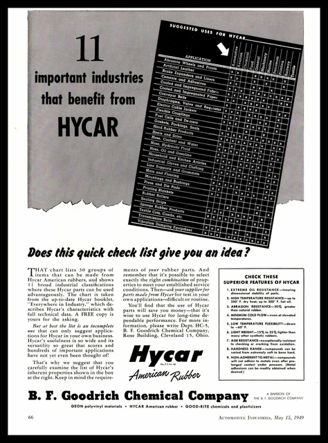 1949 B.F. GOODRICH Industries That Benefit From "Hycar" American Rubber ...