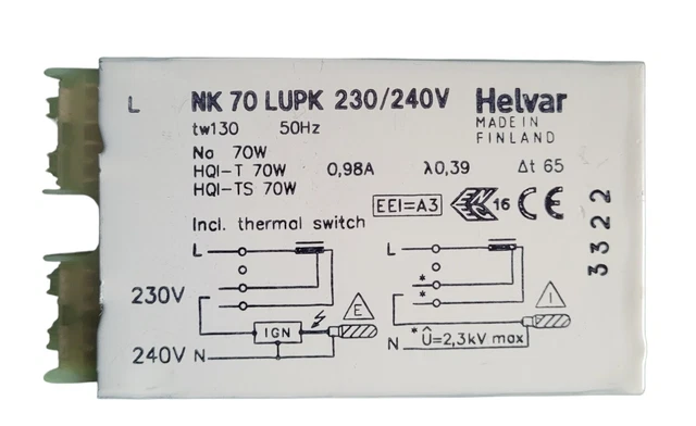 HELVAR NK 70 LUPK VVG Vorschaltgerät 70W konventionell HQI-CDM Metalldampflampen EUR 18,90 ...