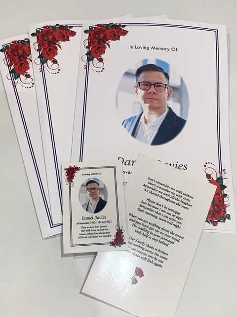 FUNERAL ORDER OF Service Booklets, Laminated Memory Cards RED ROSE ...