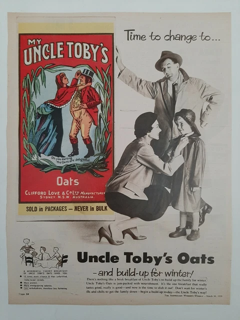 VINTAGE AUSTRALIAN ADVERTISING 1958 ad UNCLE TOBY'S BREAKFAST OATS ...