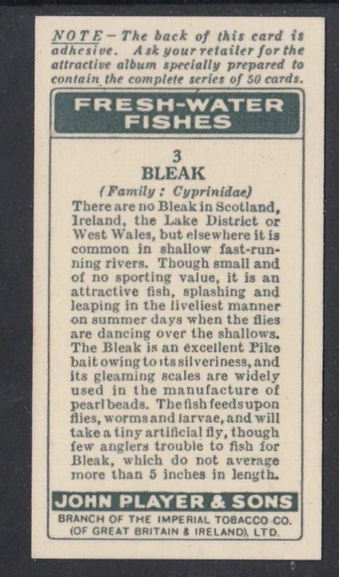 1934 JOHN PLAYER Freshwater Fish White Back Bleak #3 £3.00 - PicClick UK