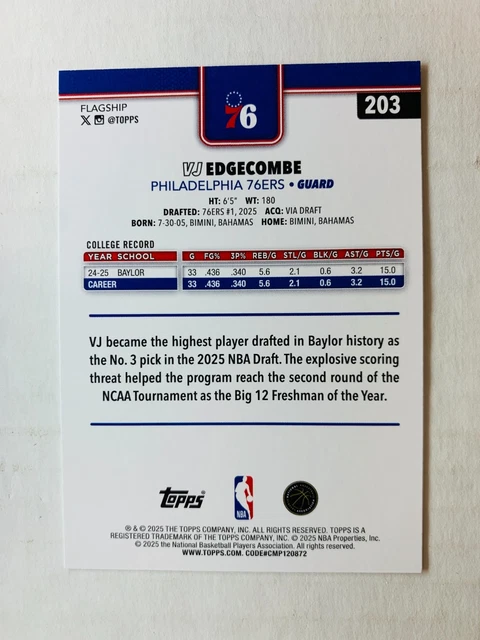 2025-26 TOPPS - VJ Edgecombe #203 (RC) Base 76ers $2.76 - PicClick CA
