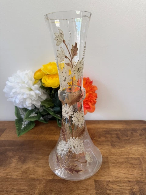 VICTORIAN HAND PAINTED Clear Glass Vase Floral Enameled Tall Flower ...