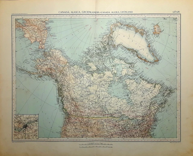 CARTA GEOGRAFICA ANTICA CANADA ALASKA tra 1° e 2° GUERRA MOND. 1927 ...