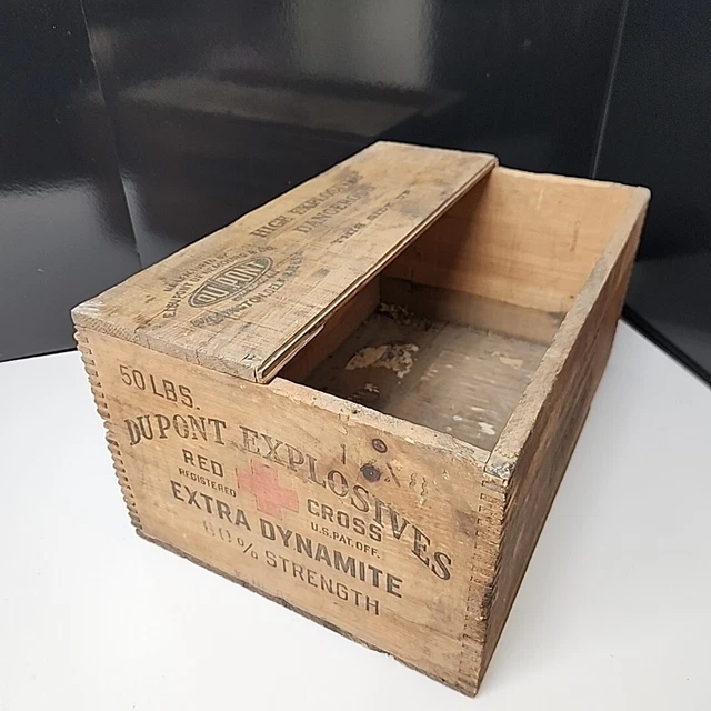 1940S DUPONT EXPLOSIVES Wooden Box Vintage Red Dynamite Dovetail Crate ...