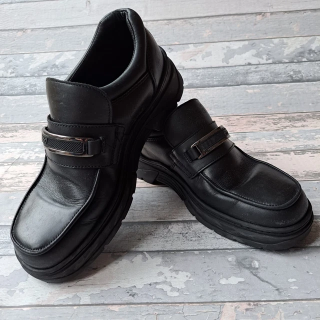 MENS RETRO POD Shoes Size UK 8 Black Chunky Real Leather Vintage Metal ...