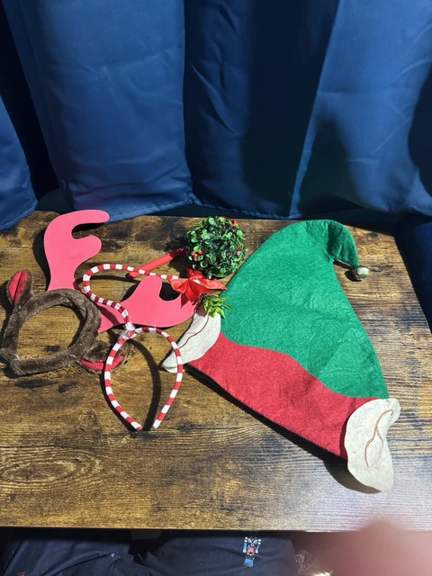 CHRISTMAS ELF HAT Reindeer Antlers Candy Cane Headband Mistletoe Wand ...
