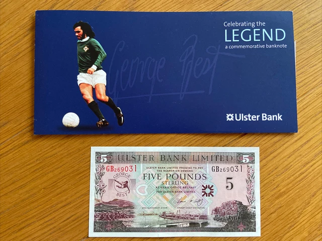 GEORGE BEST - Ulster Bank collectors £5 five pound note - with original ...