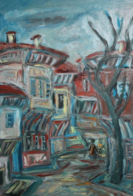 TABLEAU ANCIEN HUILE paysage urbain expressionniste signé EUR 176,73 ...