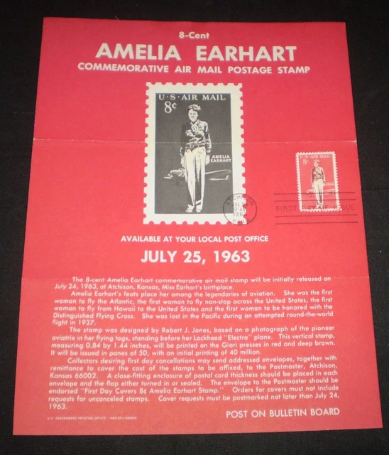 1963 USPS BULLETIN Board Poster for Amelia Earhart Stamp with First Day ...