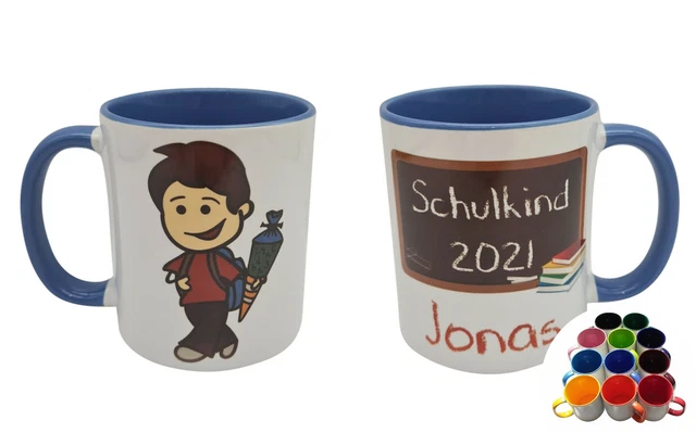 TASSE SCHULKIND SCHULANFANG 2025 Wunschname Junge-12 Farben Einschulung Geschenk EUR 11,90 ...