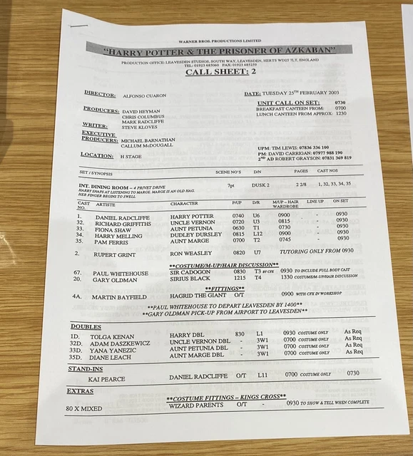 HARRY POTTER & THE PRISONER OF AZKABAN CALL SHEET 2 - Privet Drive ...