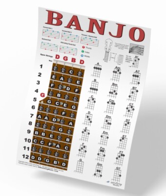 LAMINATED BANJO CHORD Chart Poster Fretboard Rolls 5 String Chords ...
