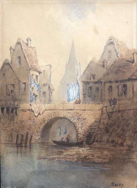 PAUL MARNY (1829-1914) aquarelle vue d'une ville Normandie vers 1860 ...