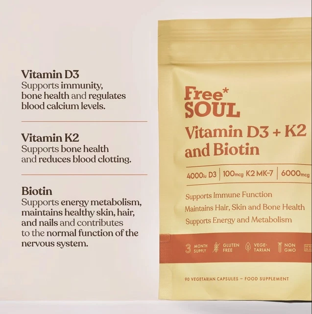 FREE SOUL VITAMIN D3, K2, and Biotin Supplement 90 Vegetarian Capsules ...