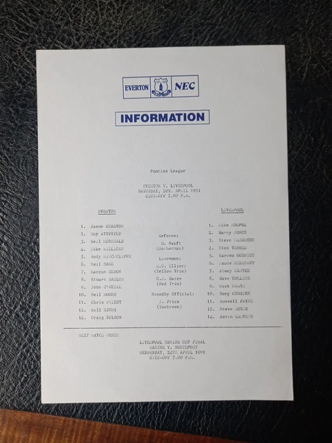 TEAMSHEET EVERTON V Liverpool Reserves Pontins League 1990 / 1991 £2.25 ...