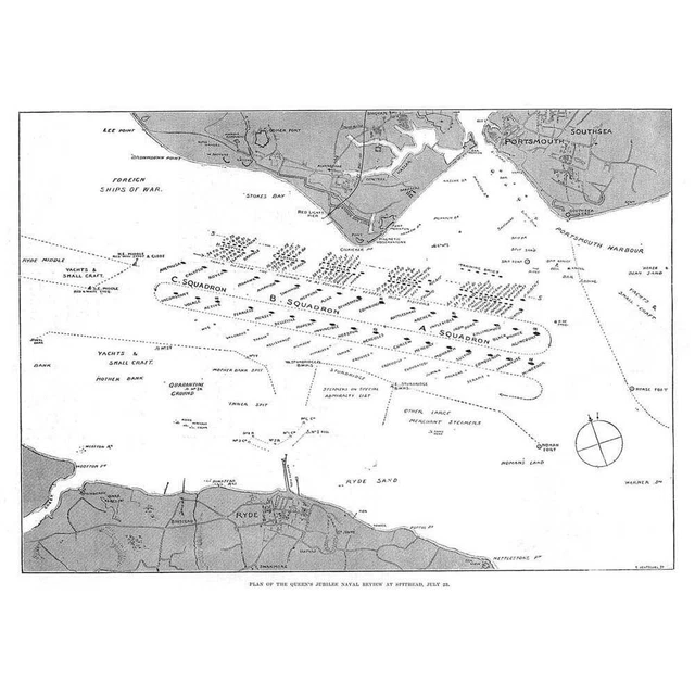SPITHEAD MAP/PLAN OF Queen Victoria's Naval Review - Antique Print 1887 ...