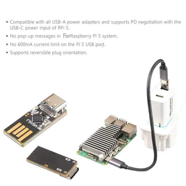 FOR RASPBERRY PI5 USB A-C PD Adapter with Cable PD Trigger Activation ...