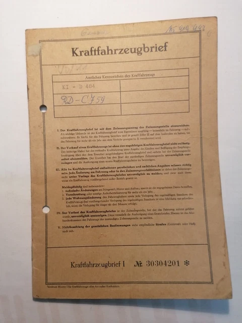 KFZ BRIEF FAHRZEUGBRIEF Title Pappe VW Käfer Typ 11 Bj65 34PS ...