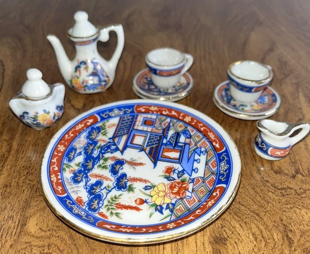 MINI CHINESE TEA Set 10 Pc Porcelain Tiny Dollhouse China Cups Saucers ...