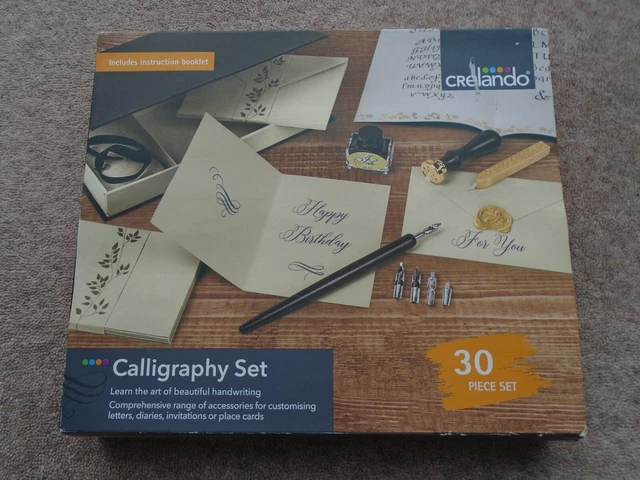 CRELANDO 30 PIECE Calligraphy Set 5 Nibs, Holder,Wax, Stamp, Ink,Cards ...
