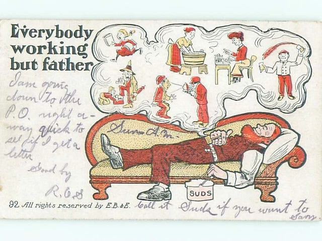 PRE-LINEN COMIC MAN SLEEPING - EVERYBODY WORKS BUT FATHER AB9269 $2.70 ...