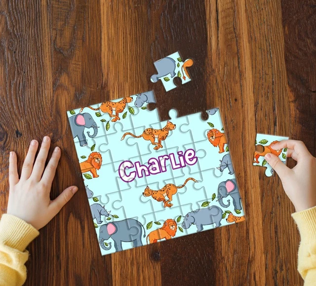 PERSONALISED ANIMAL DESIGN Custom Name Kids Jigsaw Puzzle Gift for Boys ...