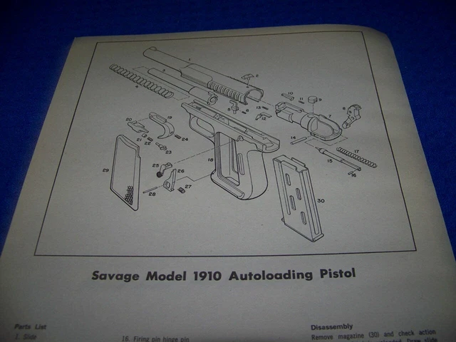 SAVAGE MODEL 1910 Autoloading Pistol ..Legend/Exploded View (955Y) EUR ...