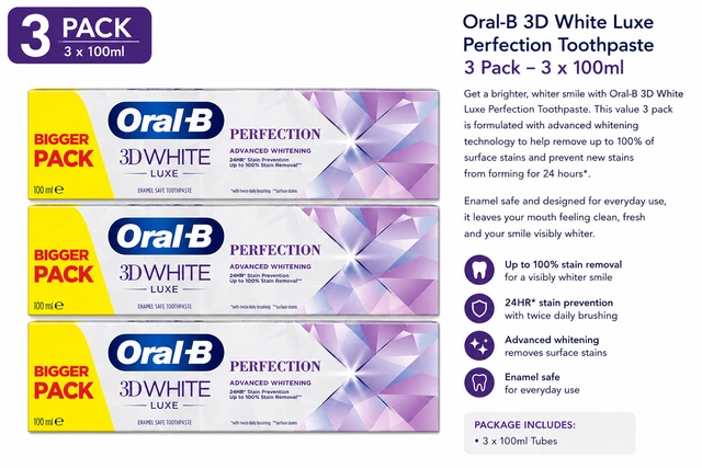 ORAL-B 3D WHITE Luxe Perfection Whitening Toothpaste 100ml – Pack of 3 ...