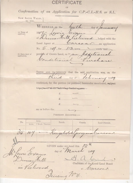 NEW SOUTH WALES, 1909 Crown Lands Application Form,Peelwood, Carcoar ...