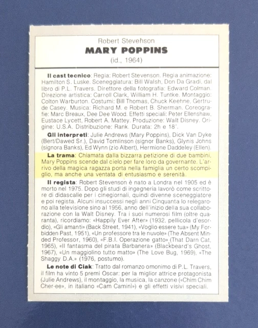 CARTOLINA CINEMATOGRAFICA MARY Poppins 1964 Julie Andrews Walt Disney ...