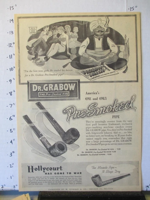 NEWSPAPER AD 1944 DR GRABOW smoking tobacco pipe Hollycourt harem ...