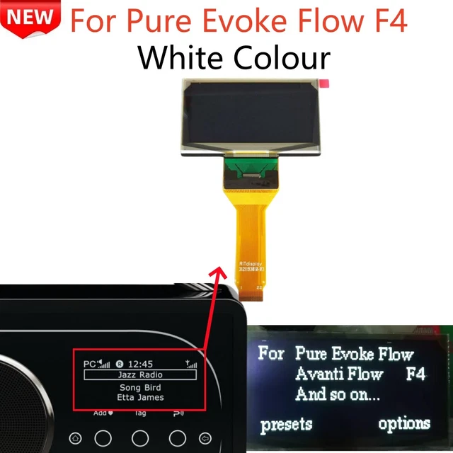 DISPLAY FOR PURE Evoke Flow F4 Bluetooth Radio OLED White Text Screen ...