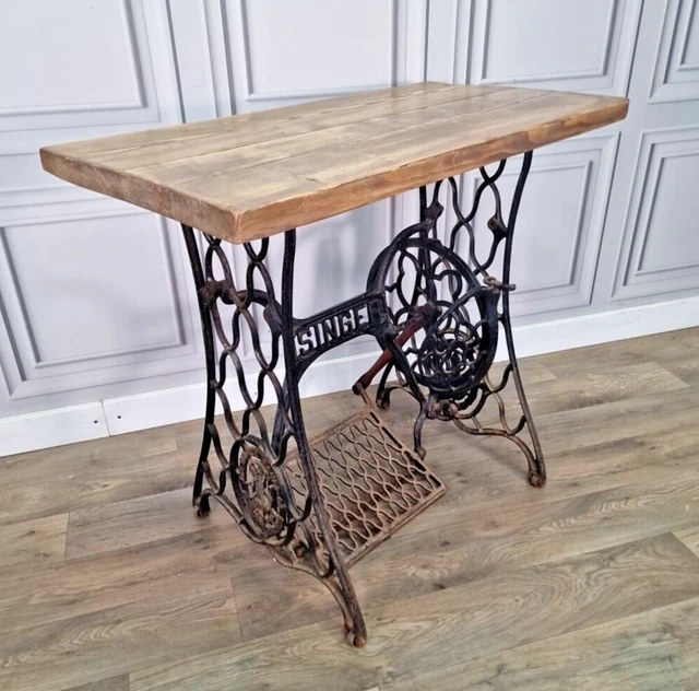 ANTIQUE CAST IRON Singer Sewing Machine Table Solid Wood Console Desk ...