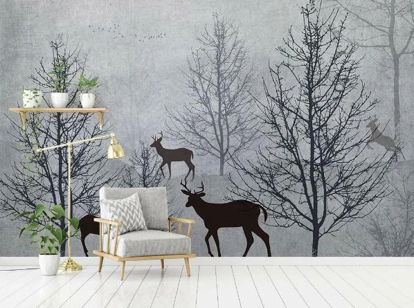 3D EMBOSSED DEER Animal Forest Self-adhesive Removable Wallpaper Murals ...