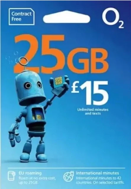 O2 SIM CARD £15 Pack 25GB Data Unlimited Calls SMS Pay As You Go Mini ...